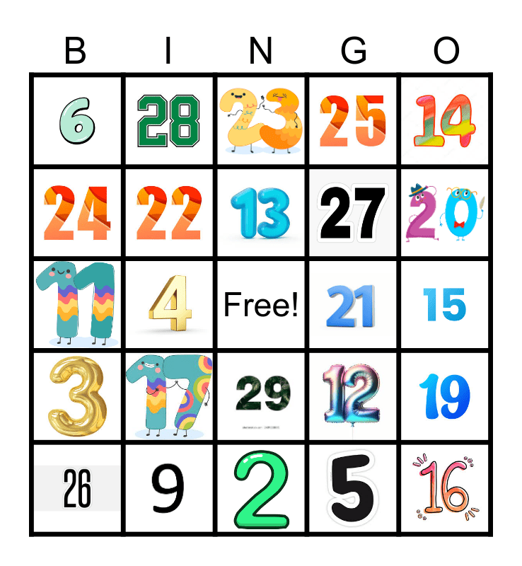 from 2 to 29 Bingo Card