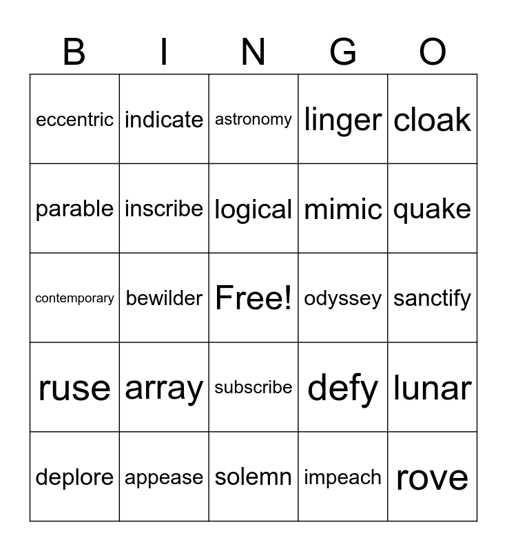 Cybil's Chapter 5 Vocab` Bingo Card