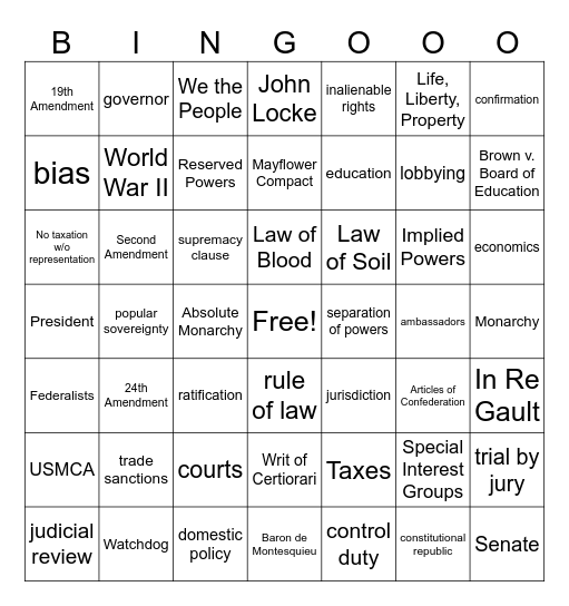 Civics Vocabulary Bingo Card