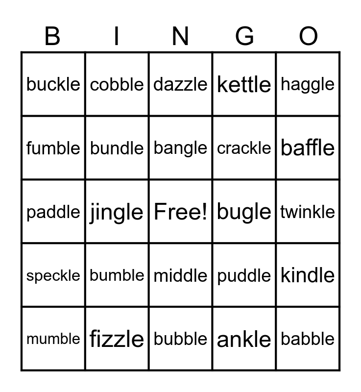 Consonant-LE Bingo Card