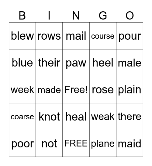 Homophones Bingo Card