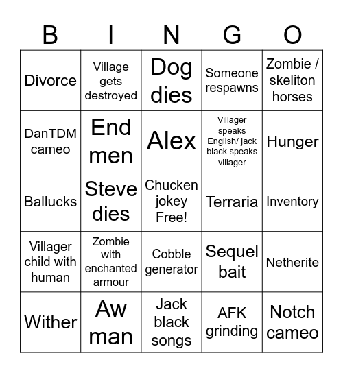 Minecraft movie Bingo Card