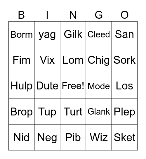 Nonsense Word Bingo Card