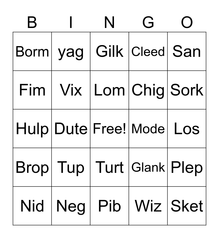 Nonsense Word Bingo Card