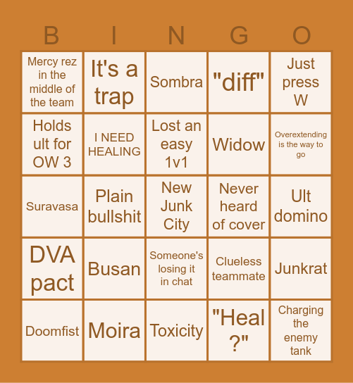 Overwatch Bronze Bingo Card
