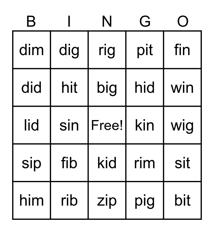 Word Family Bingo - Short I Words Bingo Card