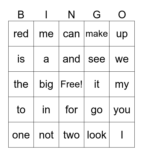 Sight Word Bingo Card