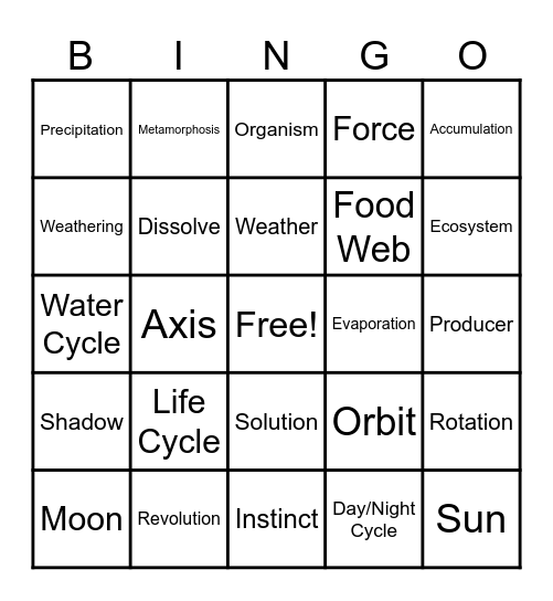 Science Vocabulary Review BINGO Card