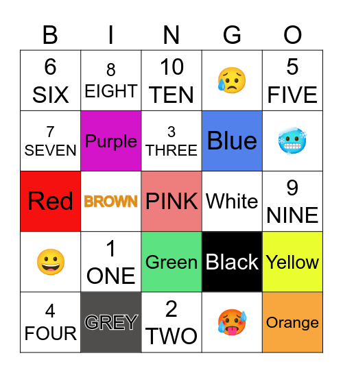 Colours and numbers Bingo Card