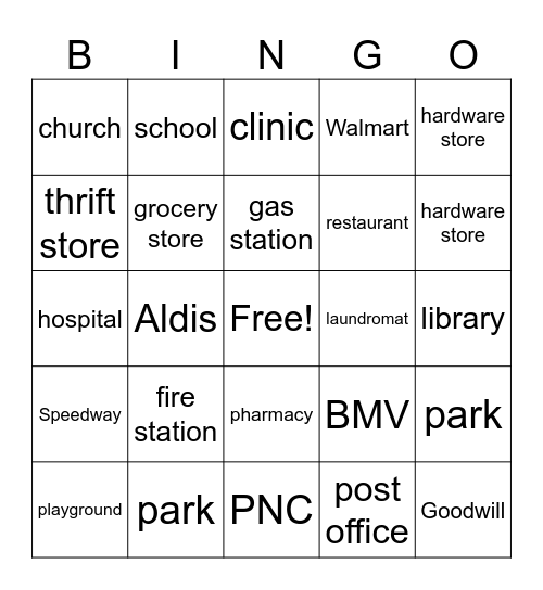 Places Around Town Bingo Card