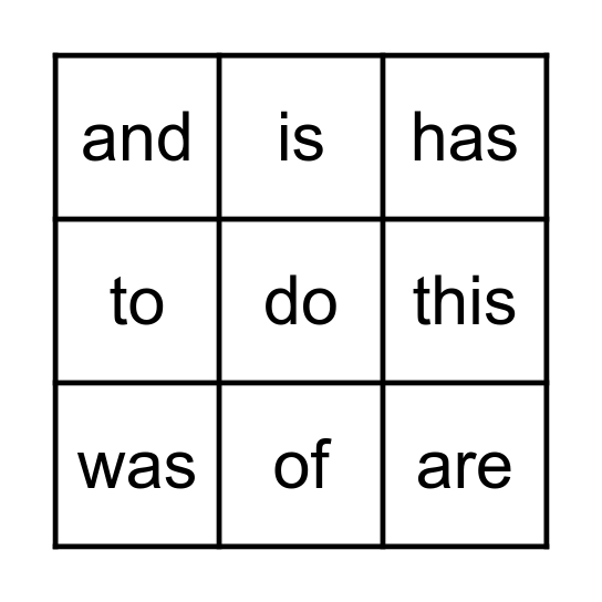 Sight Word Bingo Card