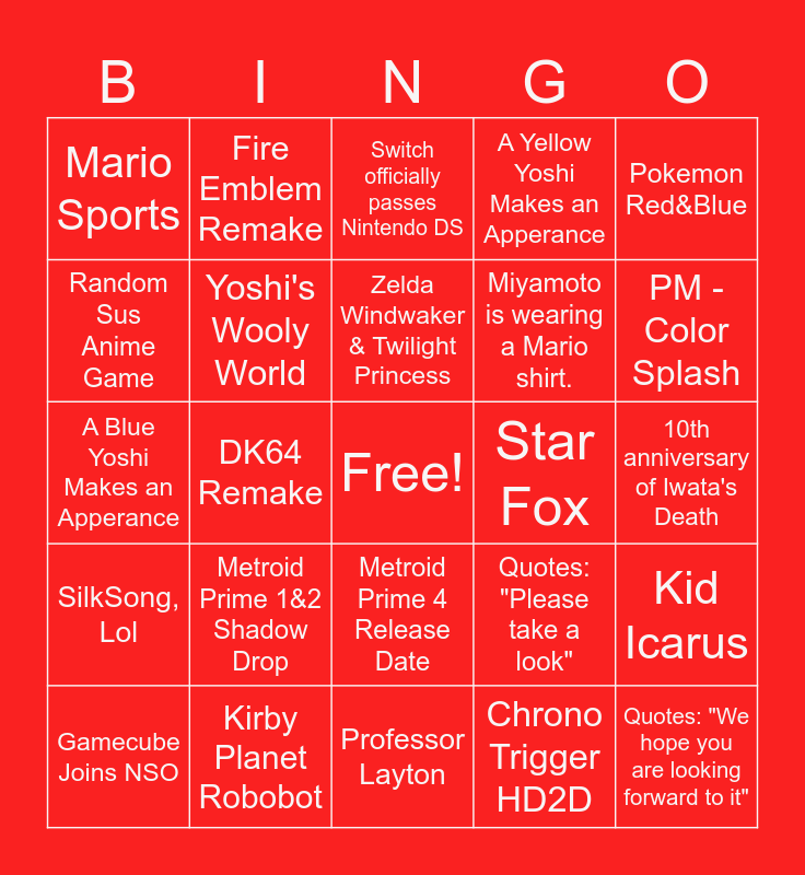 Nintendo Switch Bingo Card