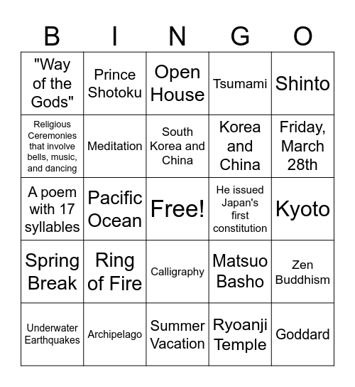 Japan Bingo Card