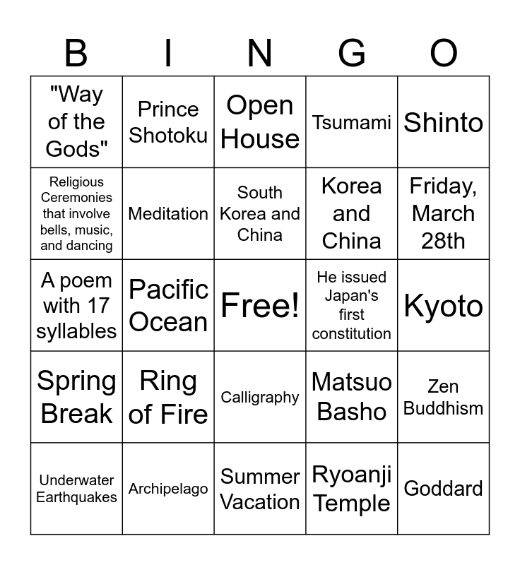 Japan Bingo Card