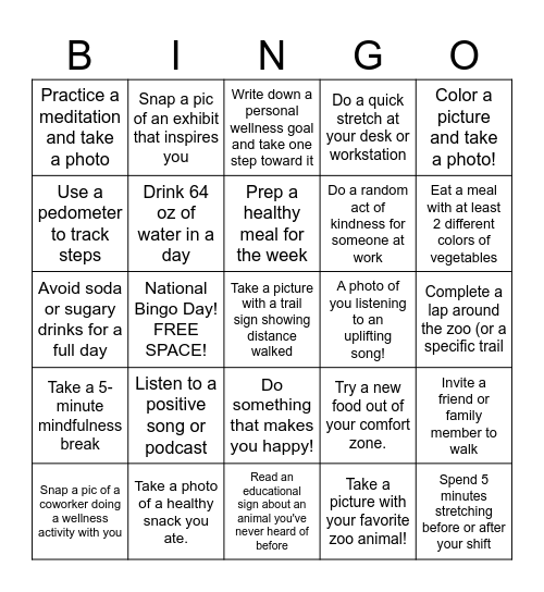 Wellness Picture BINGO Challenge Bingo Card