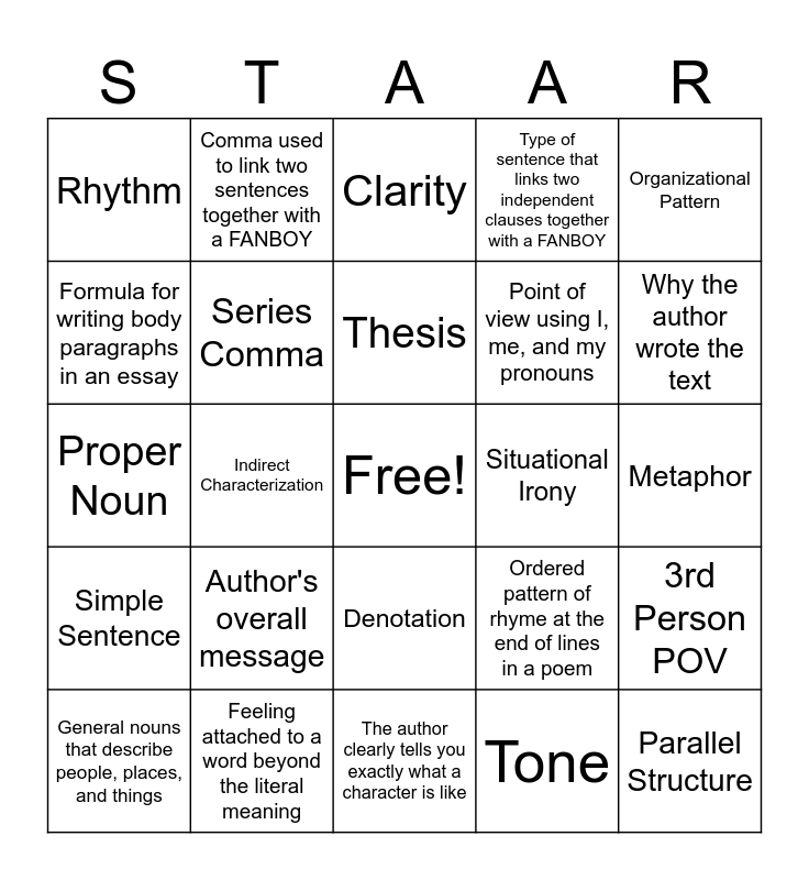 STAAR Bingo Card