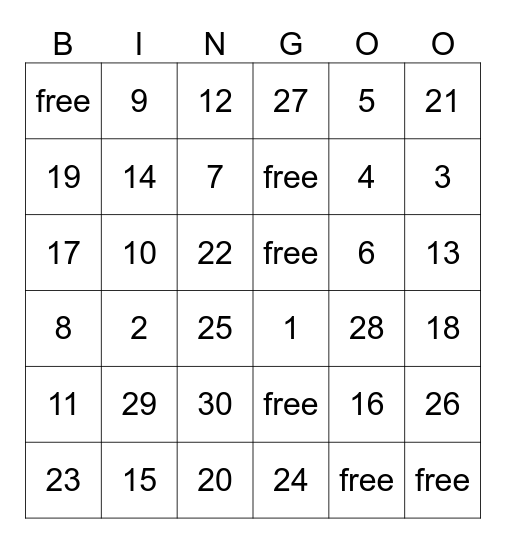 Numbers Bingo Card