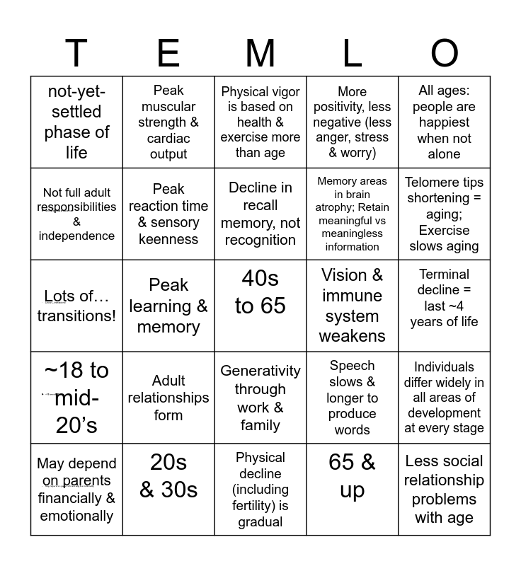 Adult Development BINGO! Bingo Card