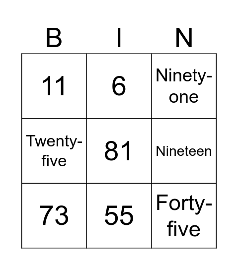 Numbers 1 - 99 Bingo Card