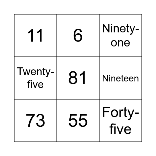 Numbers 1 - 99 Bingo Card