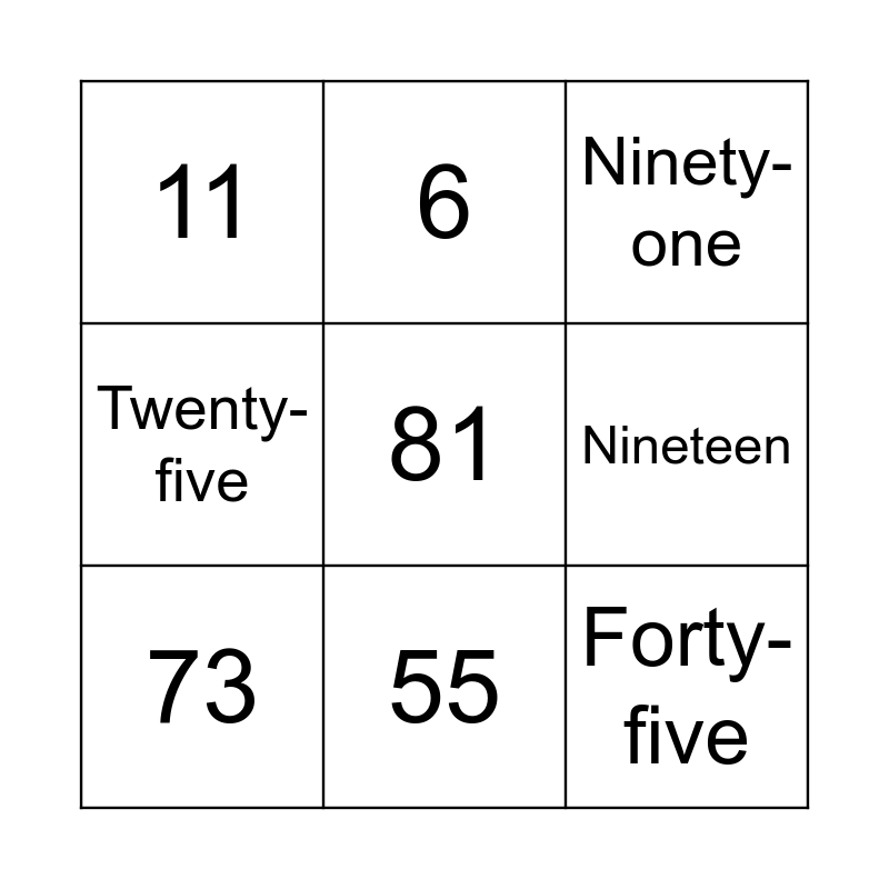 Numbers 1 - 99 Bingo Card