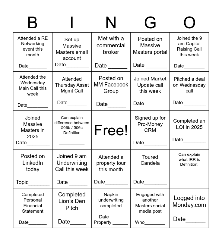 MASSIVE MASTERS Bingo Card