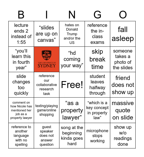 First Year Law Lecture Bingo Card