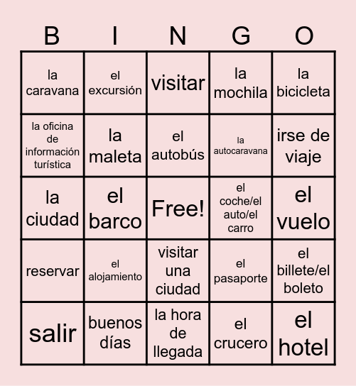 Travel Vocabulary Loteria Bingo Card