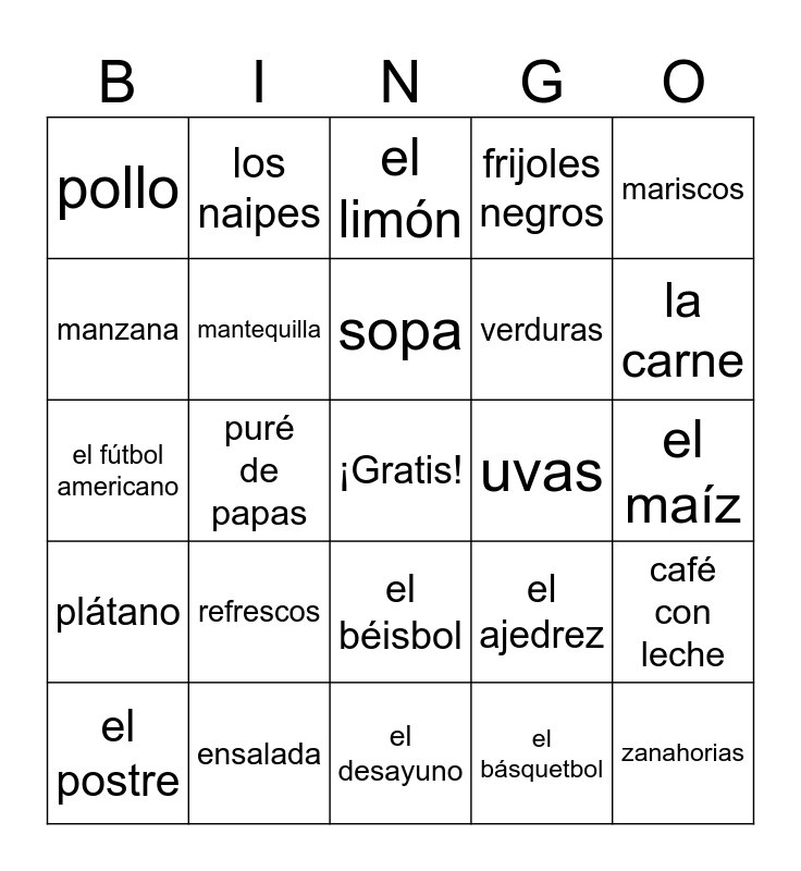 Vocabulario - El Menú - Los Deportes - Esp. II Bingo Card