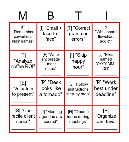 Workplace Edition Bingo Card
