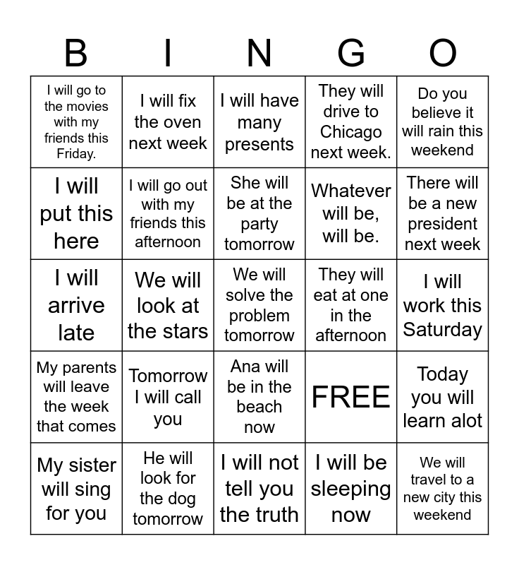 Future Tense BINGO Card