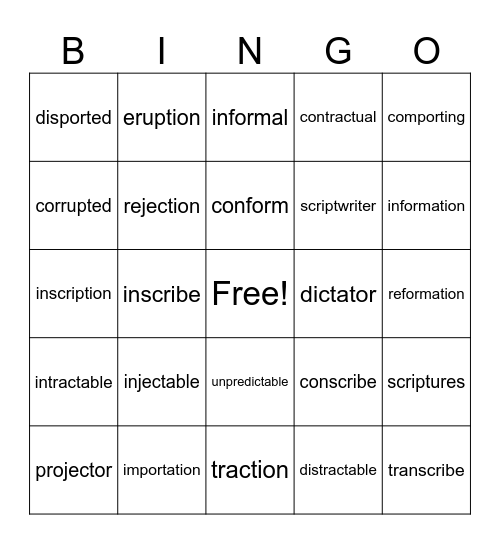 ject/dict/script/form/port/tract/rupt/scribe Bingo Card