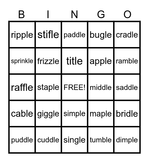 Consonant -le Bingo Card