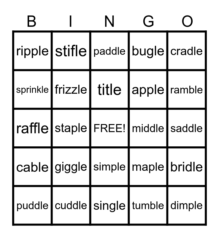 Consonant -le Bingo Card