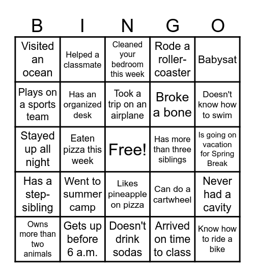 Classroom Bingo Card