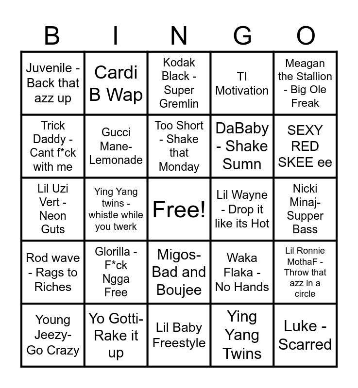 Trap Music Bingo Card
