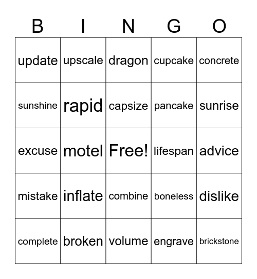2 syllable bingo Card