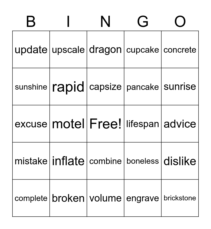 2 syllable bingo Card