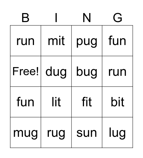 Word Family Bingo Card