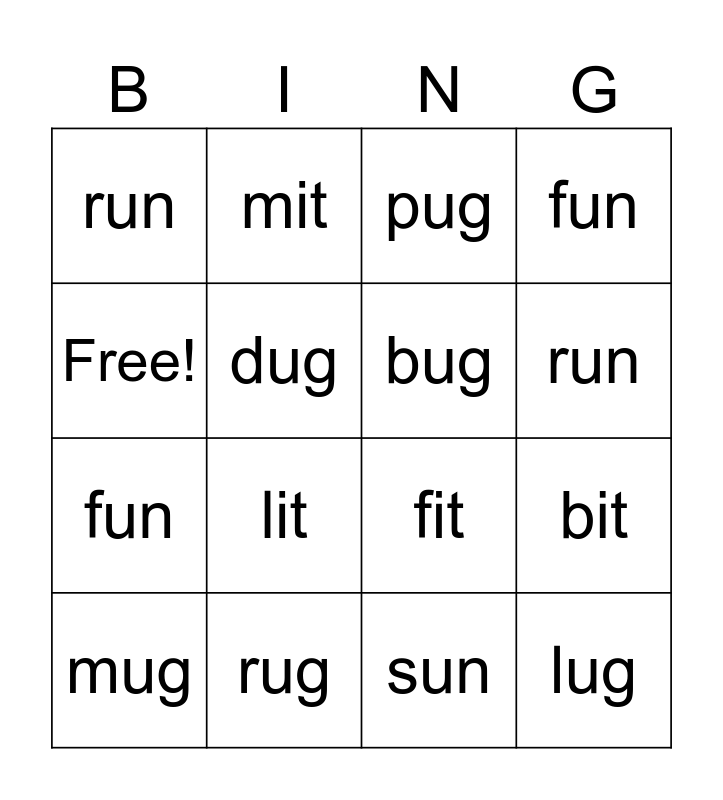 Word Family Bingo Card