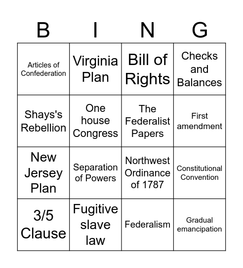 Founding a Nation Bingo Card