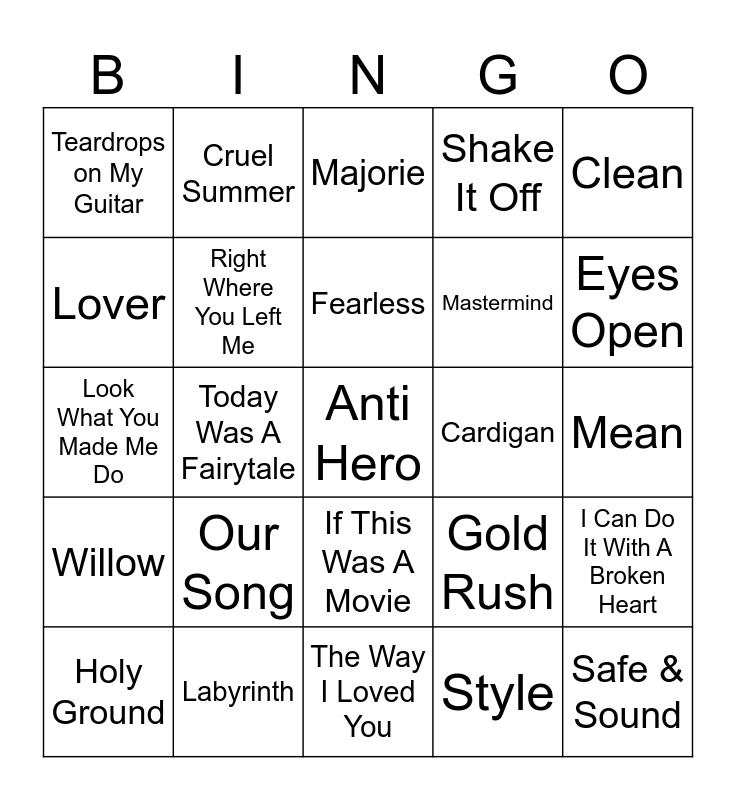 Taylor Swift Bingo Card