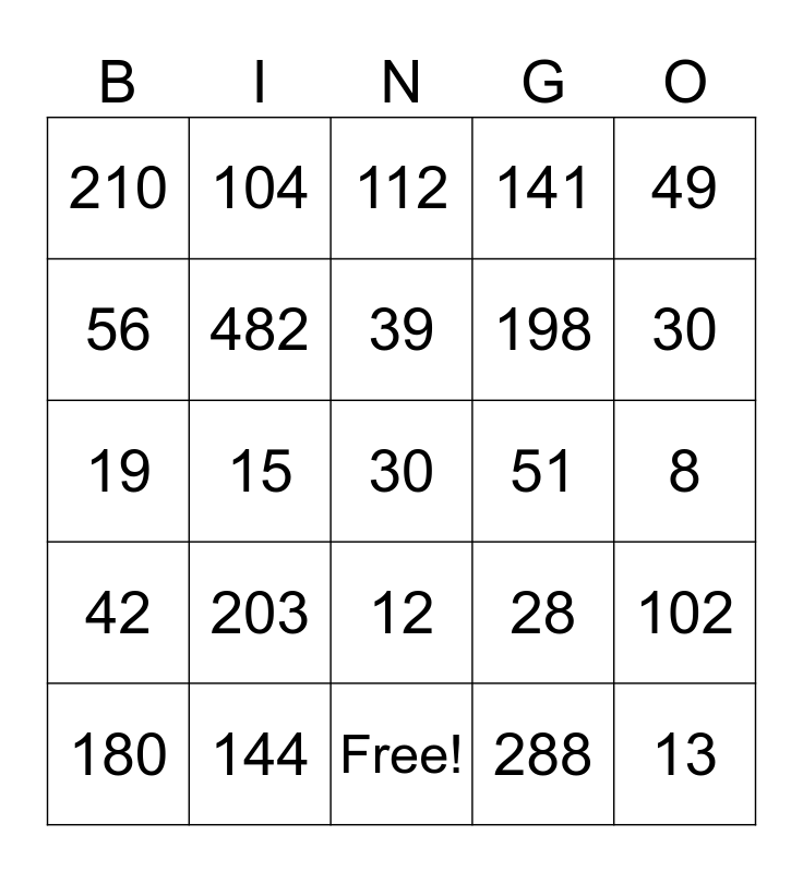 MATH CARNIVAL Bingo Card
