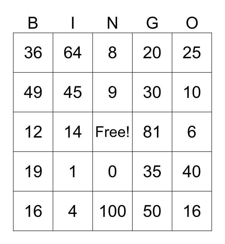 Multiplication doubles, 2, 3, 5 Bingo Card