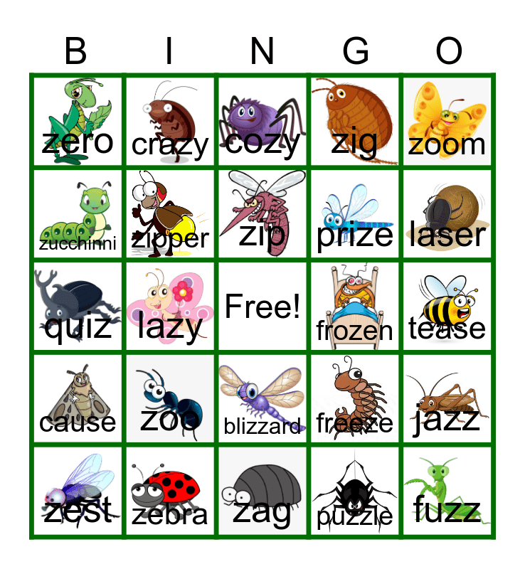 Mixed /z/ Bingo Board Bingo Card