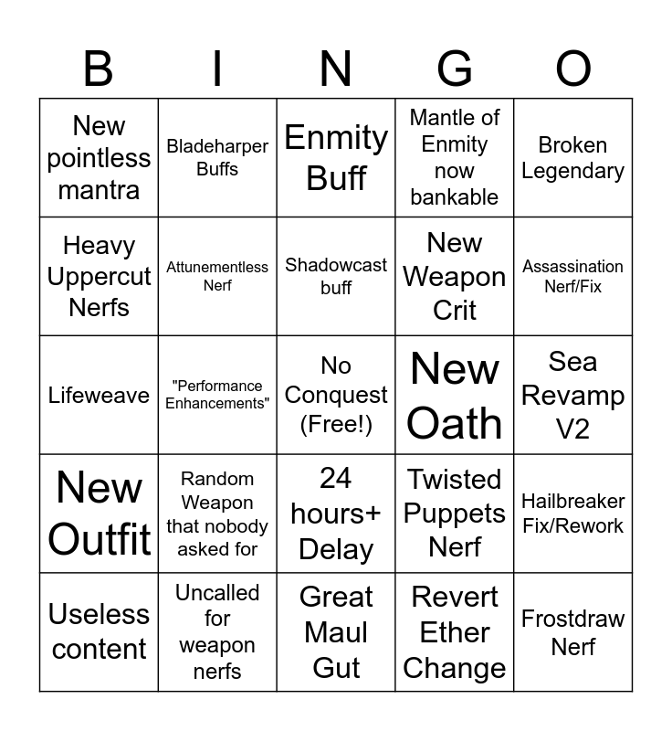 Deepwoken Update Bingo Card