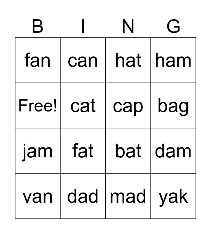 Short Vowel a Bingo Card