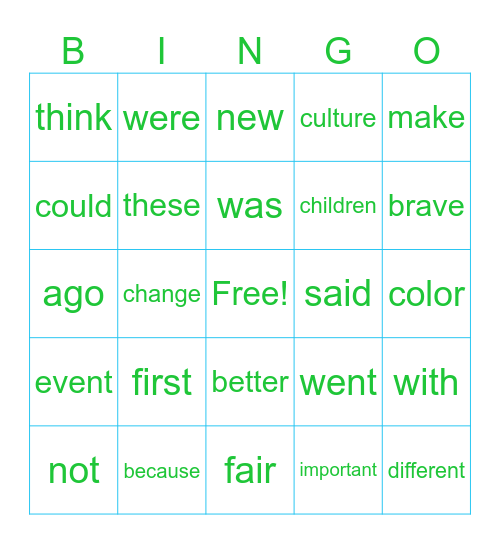High frequency words Bingo Card