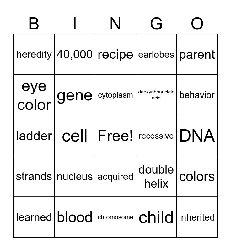 Genetics Bingo Card