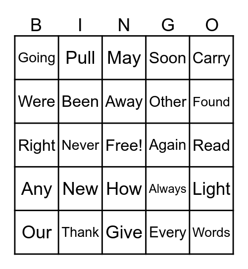 Sight Word Bingo Card